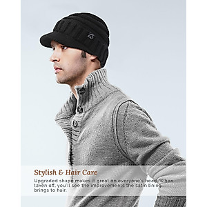 Hat Hut Beanie Hat for Women Men Satin Lined Beanie for Women Satin Lined Winter Hat Slouchy hat with Visor Brim (Black)