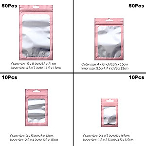 Beilecy 120 Pcs Resealable Foil Pouch with Window and Euro Hang Hole Odorless Mylar Bags Heat Seal Pouch Food Safe Storage, Airtight Ziplock,4 Sizes (Matte Pink)