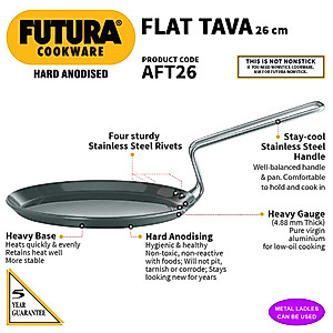 Futura Hard Anodised Flat Tava Griddle, 10-Inch, 4.88mm with Steel Handle, Black