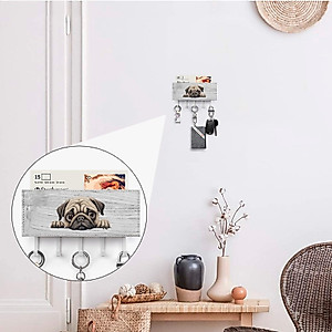 Pug Key Holder for Wall, Dog Mom Gift Mail Holder and Key Rack for Entryway,Rustic Key Hangers with 5 Hooks, Wall Mount for Entryway, Mudroom, Hallway