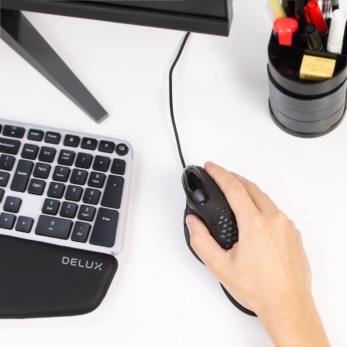 DeLUX Seeker Wired Ergonomic Vertical Mouse with Thumb Wheel, Optical Computer Mouse with 6 Programmable Buttons, 4000 DPI, LED Backlight, Removable Wrist Rest for Carpal Tunnel(M618XSU-Black)