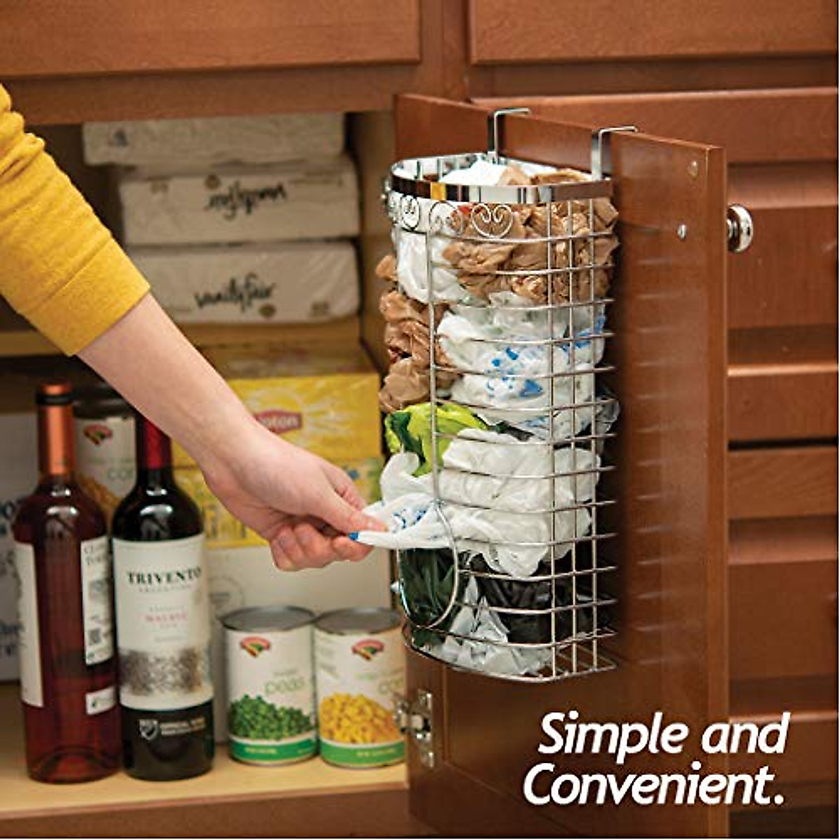 Sagler Grocery Bag Holder - Chrome Plastic Bag Holder - Easy-Access Openings Multi Position use Either Over The Cabinet Kitchen Storage Holder or Wall Mount
