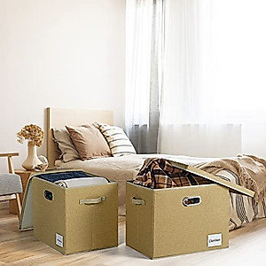 LHZK 4Pack Extra Large Storage Bins with Lids 16x12x12 Foldable Linen Fabric Storage Boxes with Lids, Decorative Fabric Storage Bins with Label & 3 Handles for Shelves Bedroom Home Office (Grey,Beige)