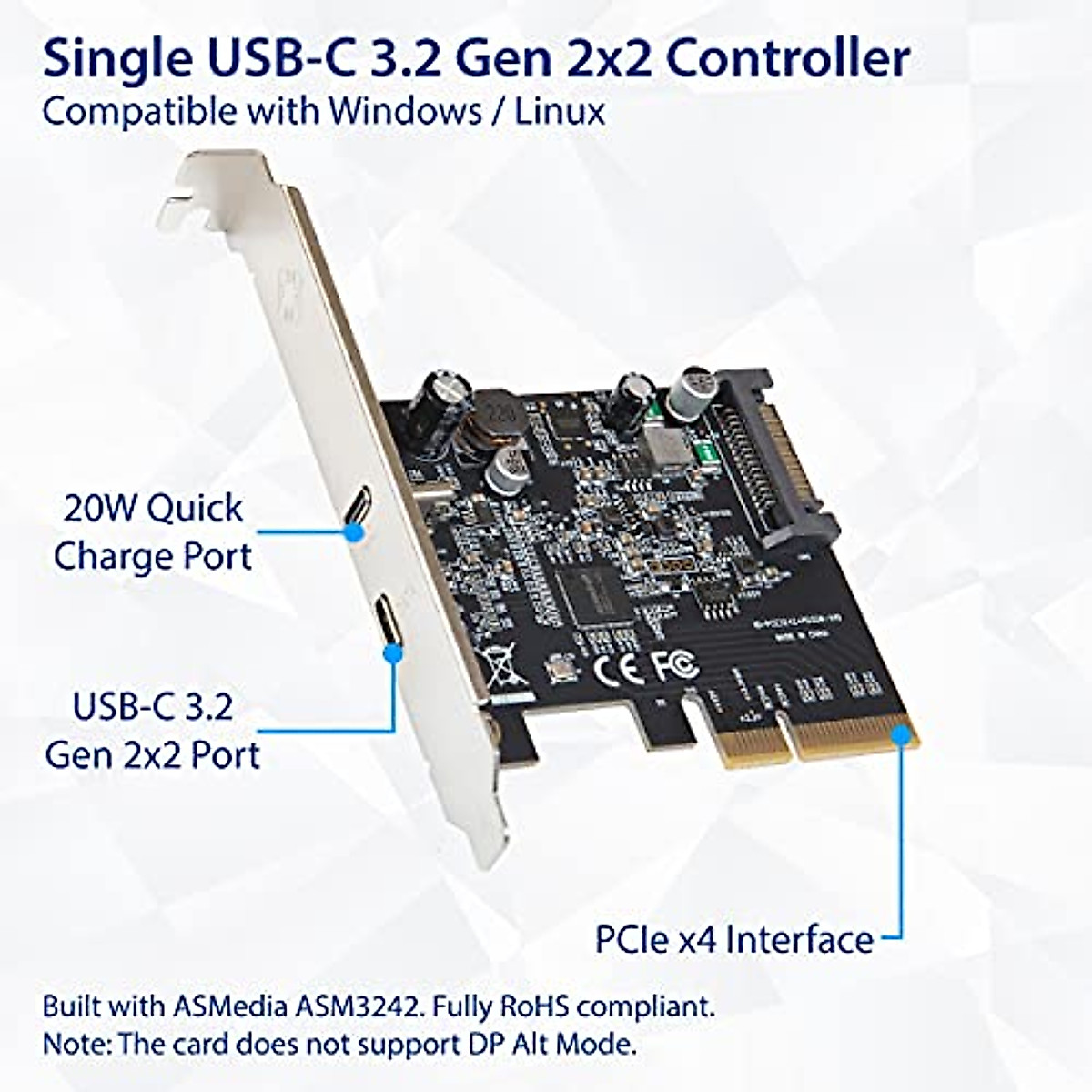 I/O CREST USB-C 3.2 Gen 2x2 + 20W QC Power Delivery PCI-e Gen 3 x4 Expansion Card SATA Powered ASMedia ASM3242