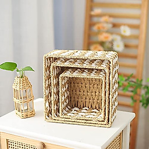 Storage Baskets Set 3 -Stackable Woven Basket Paper Rope Organizing Baskets Set Handmade Decorative Home Storage Bin for Makeup/Closet/Bathroom/Bedroom (off white)
