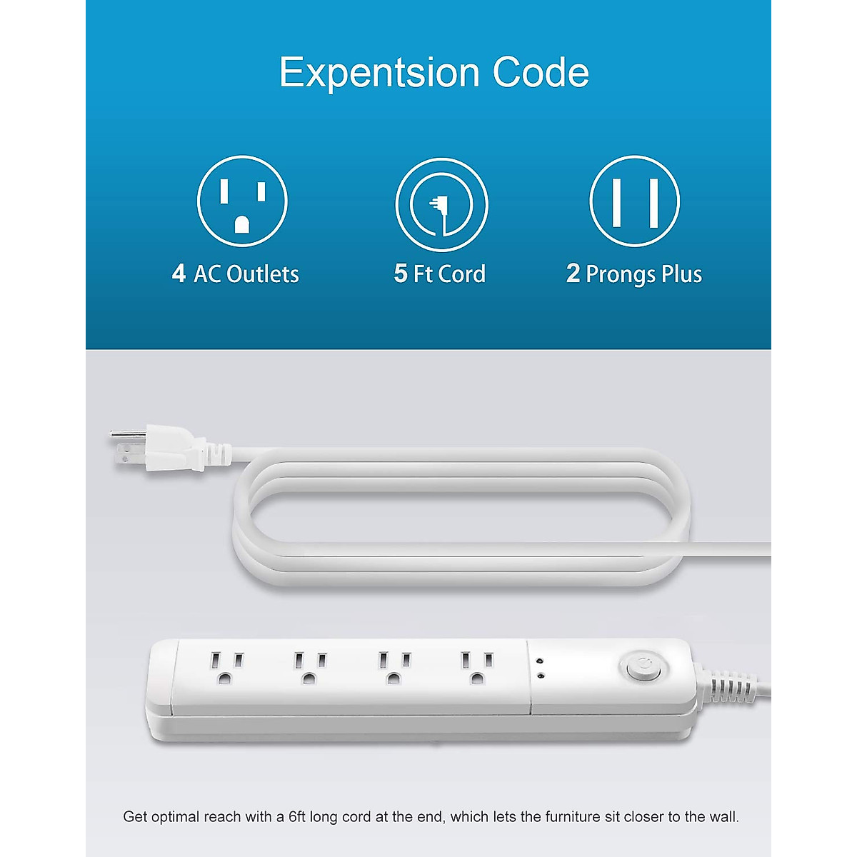 Power Strip Extension Cord, Surge Protector, 6 Ft, 4 Outlet Heavy Duty, 3 Prong Plug, Overload Protection, Ideal for Home or Office Equipment, White