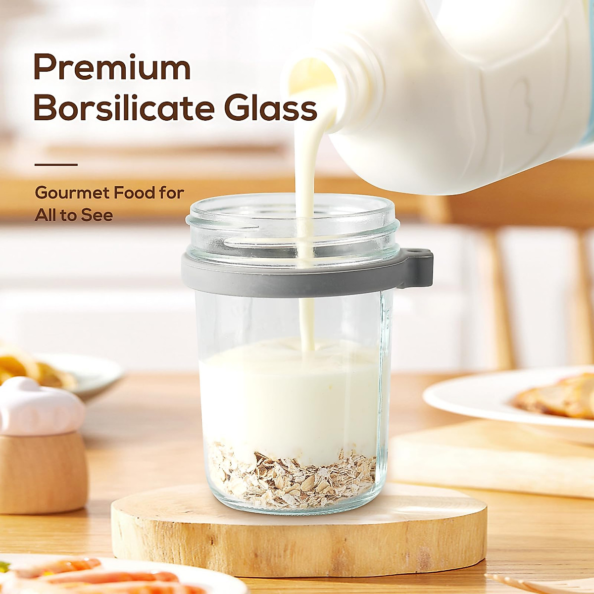 Overnight Oats Jars,Mason Jars for Overnight Oats with Lid and Spoon,10 Oz Glass Meal Prep Containers with Measurement Marks,Perfect Size for Overnight Oats,Salad Yogurt,Cereal,Fruit (4 PACK A)