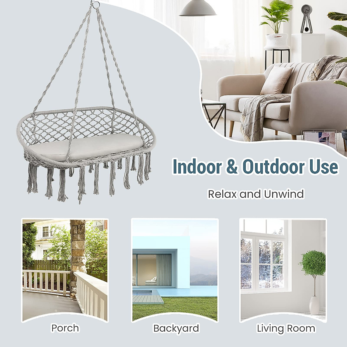 Giantex 2-Seat Hammock Chair, Macrame Swing with Cushion, Hanging Cotton Ropes, Metal Frame, Hanging Chair with330 lbs Capacity for Hammock Stand, Living Room, Patio, Balcony, Backyard (Gray)