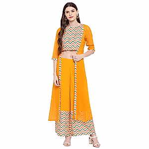 Janasya Indian Women's Yellow Poly Crepe Crop Top with Palazzo and Jacket