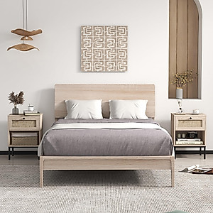 Giantex Rattan Nightstands with Drawer Set of 2, Boho Side Tables with 4 Metal Legs and Open Storage Shelf, Farmhouse Night Stands for Small Spaces, 2 Tier Bedside Tables for Bedroom Office, Oak