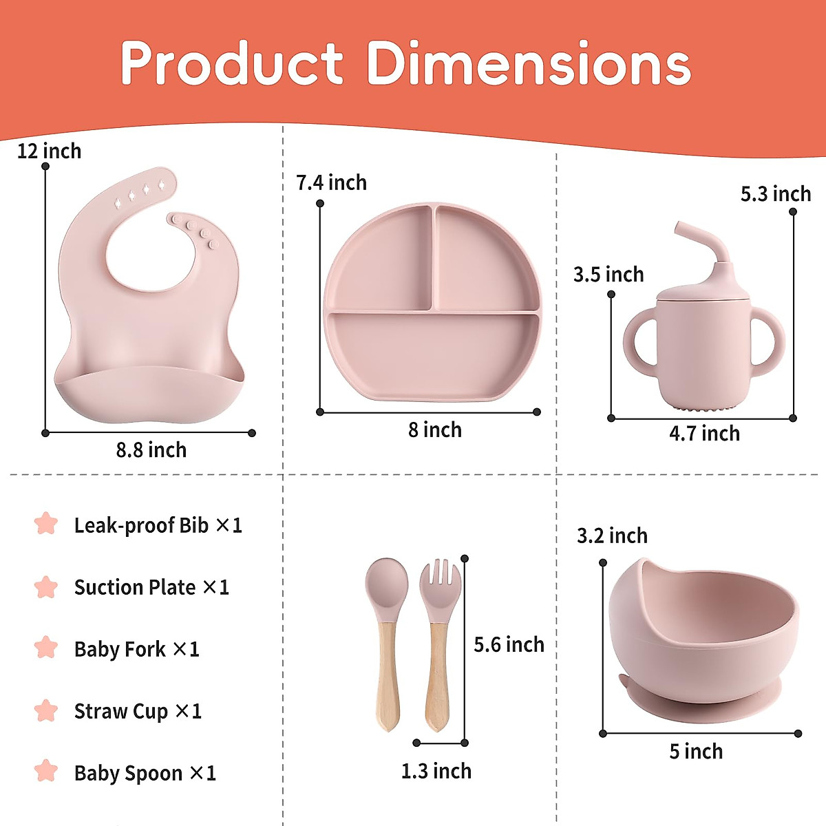 Silicone Baby Feeding Set, Baby Led Weaning Supplies, Suction Cup Separator Bowl, Two Spoons, Sippy Cup, Bib, Baby Tableware, Weaning Supplies For Babies 6+ Months(pink)
