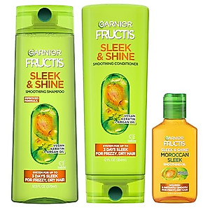 Garnier Fructis Sleek & Shine Shampoo, Conditioner + Moroccan Sleek Oil Set for Frizzy, Dry Hair, Argan Oil (3 Items), 1 Kit (Packaging May Vary)