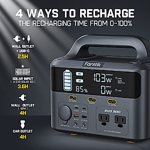Fanttik EVO 300 Portable Power Station with 100W Solar Panel, 299Wh Backup Power Supply with Ultra Large Digital Screen, 2 AC 110V/300W (Peak 600W) Pure Sine Wave Outlets, for Outdoors Camping Travel
