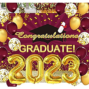 Graduation Decorations 2023 Maroon Gold/Graduation Party Supplies 2023/Graduation Backdrop Banner Maroon Gold Grad Balloons/Photography Background for Burgundy Gold ASU Graduation Decorations 2023