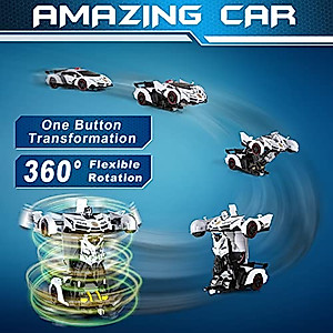 FDJ Remote Control Car - Transform Car Robot, One Button Deformation to Robot with Flashing Lights, 2.4Ghz 1:18 Scale Transforming Police Car Toy with 360 Degree Rotating Drifting for Boys and Girls