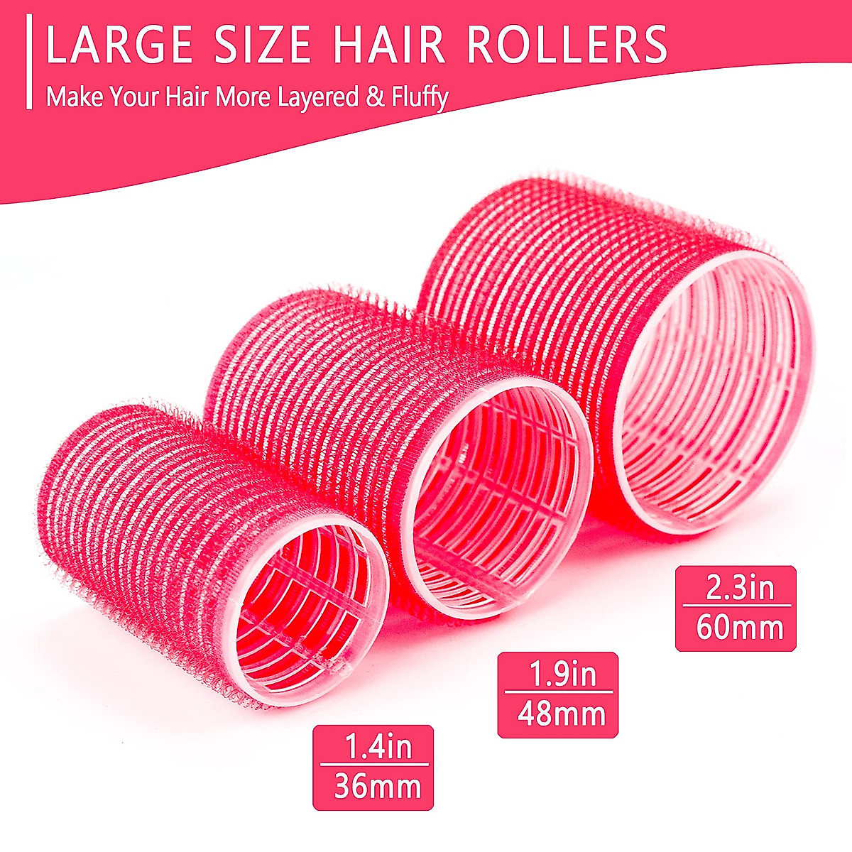 2.3 Inch Hair Rollers for Long Medium Short Hair, Self Grip Heatless Large Hair Curlers for Women With 10 Hair Clips & 1 Rat Tail Comb (2.3/1.9/1.4 Inch) Pink