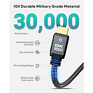 Yauhody 8K HDMI 2.1 Cable 10ft, Certified Ultra High Speed Heavy Duty Nylon Braided HDMI 2.1 Cord, 8K@60Hz, 10K, 4K@144Hz, 4K@120Hz, eARC, HDCP 2.2 & 2.3, Dynamic HDR, 3D for Monitor, TV (10 Feet)
