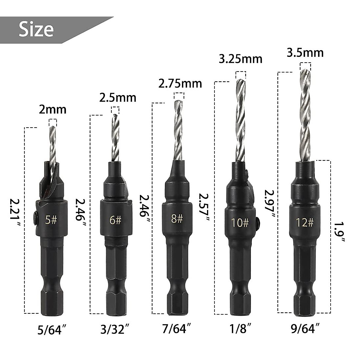 Saipe 5pcs Wood Countersink Drill Bit Set Hex Shank Quick Change Counter Sinker Pre Hole Drill Bit Set Screw Counterbore Bit Pilot Bit Set #5, 6, 8, 10, 12 for Woodworking and Carpentry