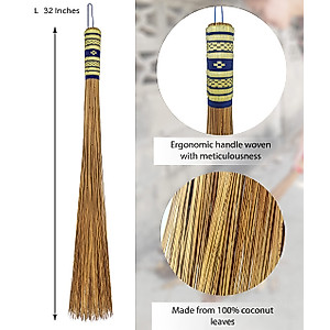 1 Piece of 32 inch Multi-Surface Sturdy Outdoor Authentic Coconut Leaf Broom Asian Heavy Duty Broom Thai Natural Coconut Leaf Broom (Country Rustic)