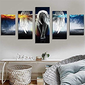 DIY 5D Diamond Art Kits for Adults,Fire Water Angel Magic Wings 5 Piece Multi Full Drill Diamond Embroidery Kit Home Office Wall Art Decor Paint by Numbers 17.7x37.4 inch