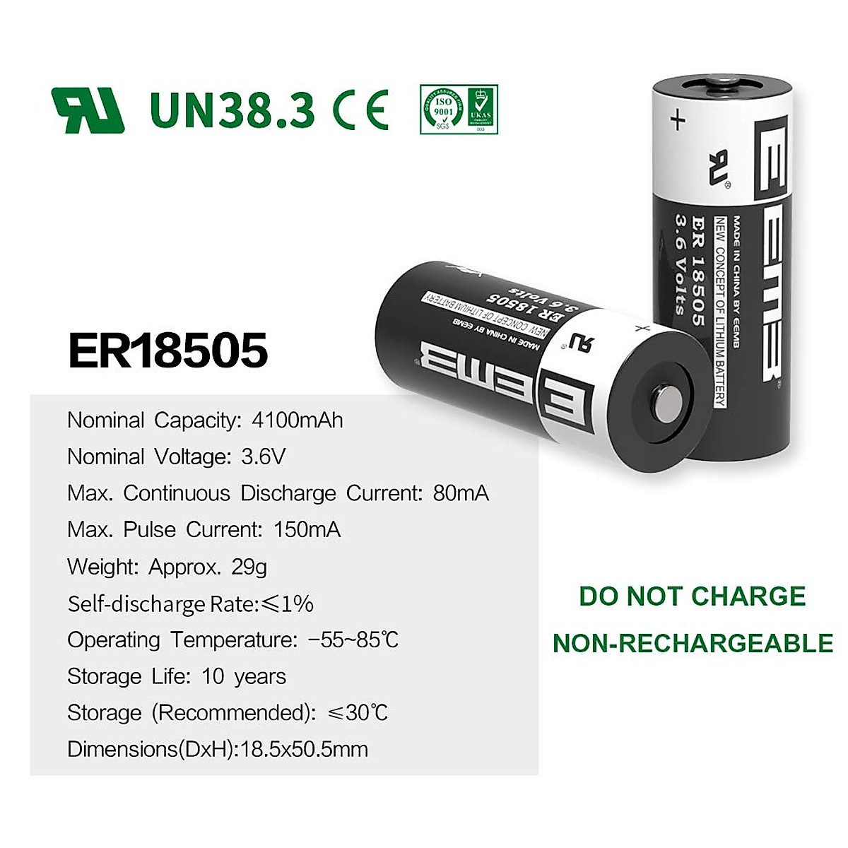 4X EEMB ER18505 Nonrechargeable 3.6V Lithium Battery Li-SOCL₂ 4100mAh High Capacity UL Certified Single-Use 3.6V Lithium Thionyl Chloride Battery DO NOT Charge Battery