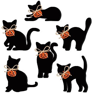 Pinkunn 6 Pcs Halloween Wood Decors with Pumpkin Black Cat Silhouette Decor Wooden Tiered Tray Sign for Home Table Mantel Party Centerpiece