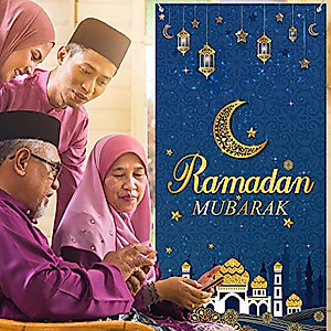 Ramadan Mubarak Decorative Door Cover Eid Mubarak Backdrop Hanging Ramadan Mubarak Door Banner Eid Al-fitr Celebration Decoration for Door Cover Muslim Ramadan Party Supplies, 5.9 x 2.9 Feet