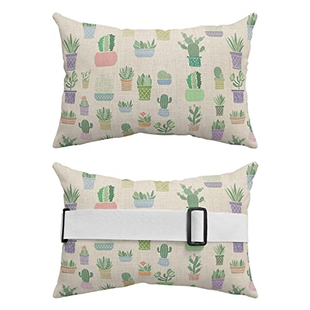 Recliner Head Pillow Ledge Loungers Chair Pillows with Insert Summer Cactus Succulents Green Plants Linen Style Lumbar Pillow with Adjustable Strap Patio Garden Cushion for Sofa Bench Couch, 2 PCS