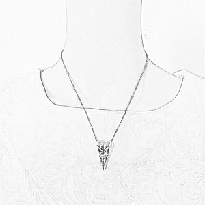 JJG Vintage Antiqued Silver Crow Raven Skull Necklace with Stainless Steel Chain 18' (Raven Skull)