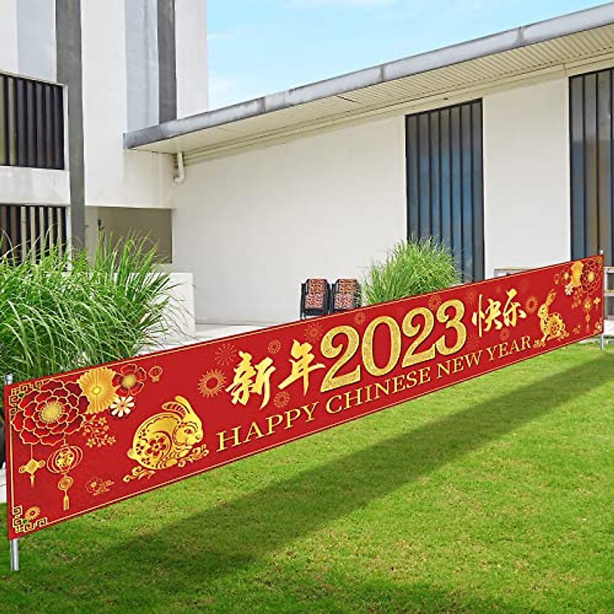 Chinese New Year Decorations 2023, 10 x 1.6 ft New Year Party Supplies, Large Happy Chinese New Year Banner, Year of the Rabbit Party Banner for Chinese Spring Festival Supply Outdoor Indoor Decor