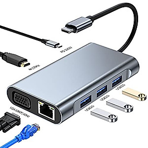 Yirepny USB C Hub, 7 in 1 Multiport Adapter with 4K Output 3 USB 3.0 Ports 100W Pd Charging TF/SD Card Reader USB C to 4K USB C to RJ45 Ethernetr USB C Adapter Silver