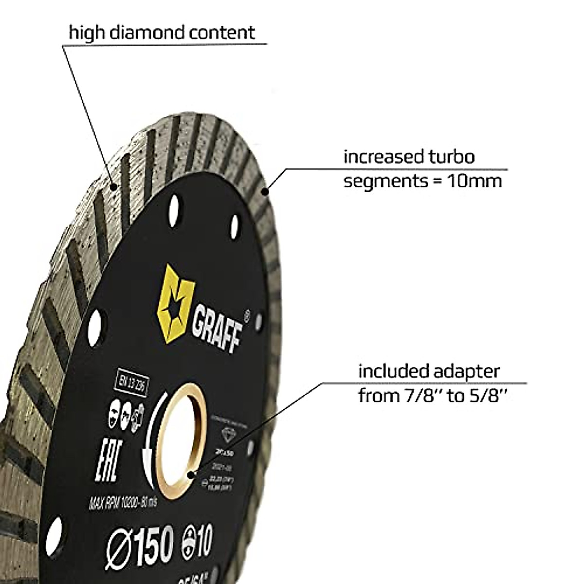 GRAFF 6 Inch Diamond Blade for Angle Grinder - Diamond Cutting Wheel for Cutting Stone, Marble, Granite, Brick, Masonry, Paving Flag, Concrete - Turbo Diamond Saw Blades - 150 mm