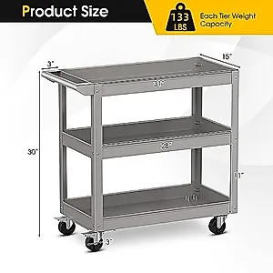 IRONMAX 3-Tier Utility Service Cart, 400 Lbs Heavy Duty Metal Trolley Rolling Cart w/Ergonomic Flat Handle, Lockable 360°Swivel Wheels, Chic Mechanic Tool Cart for Garage Warehouse & Repair Shop