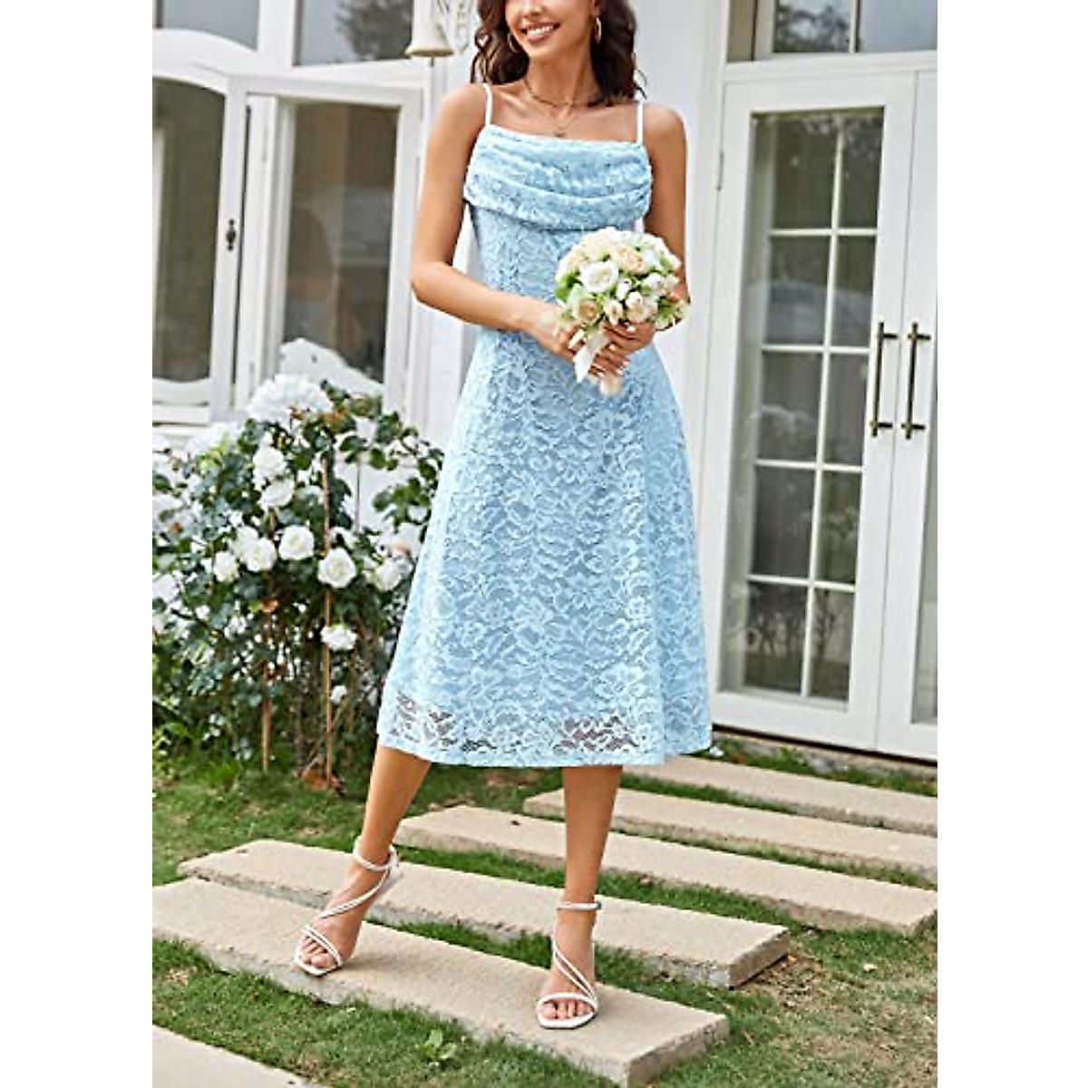 Women's Spaghetti Strap Cowl Neck Lace Dress Sleeveless Cocktail Wedding Guest Midi Dress M Blue