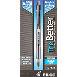 PILOT The Better Ball Point Pen Refillable & Retractable Ballpoint Pens, Medium Point, Black Ink, 12-Pack (30005)