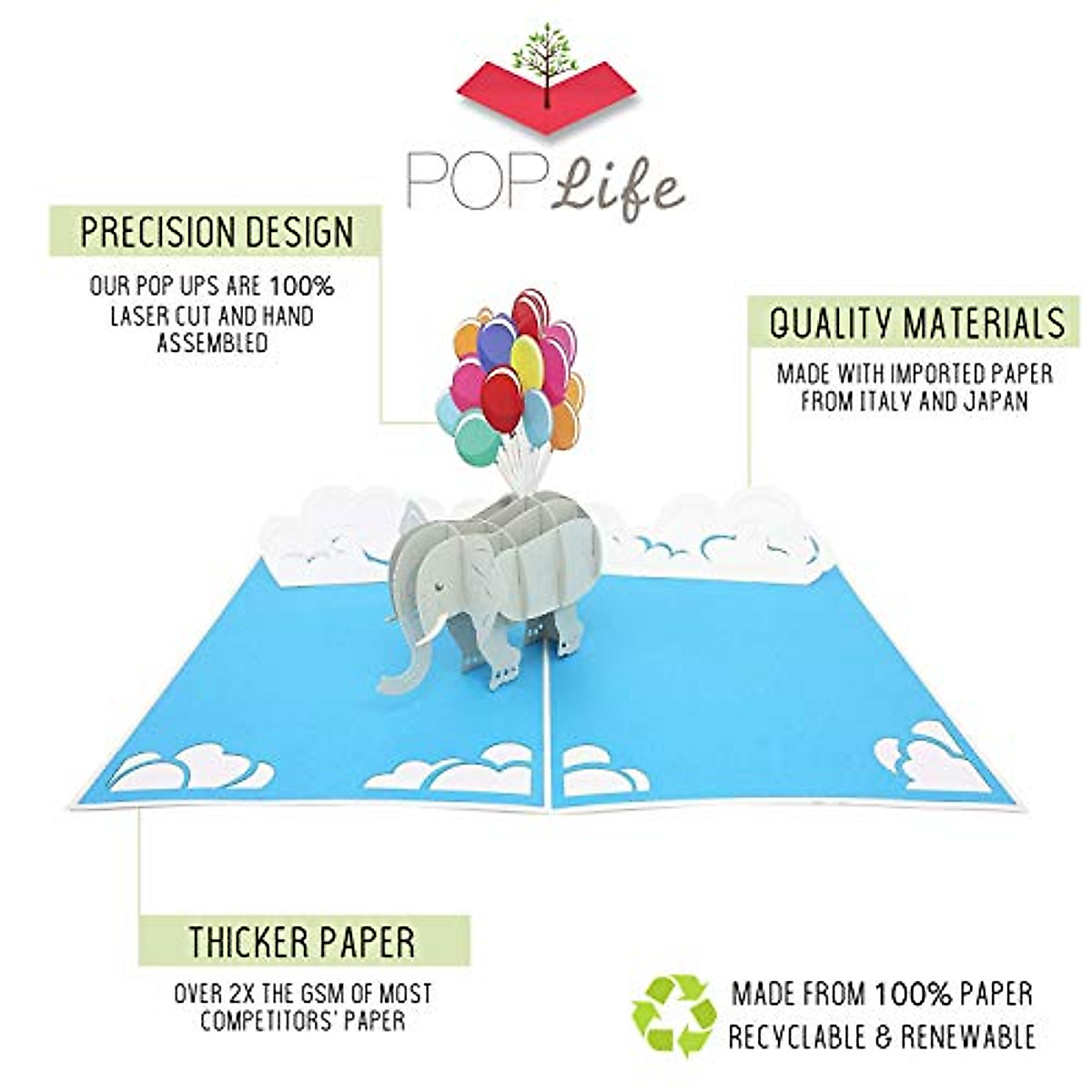 PopLife Flying Elephant and Balloons Pop Up Card for All Occasions - Mother's Day Card, 3D Birthday Pop Up, Baby Shower, Get Well Soon - for Mother, for Daughter, for Wife, for Granddaughter