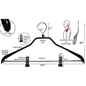 Mawa by Reston Lloyd BodyForm Series Non-Slip Space Saving Clothes Hanger with 2 Clips for Pants or Skirts, Style 42/LK, Set of 5, Black