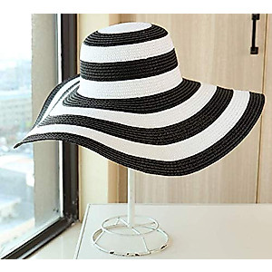 Women's Beachwear Sun Hat Black and White Striped Straw Hat Floppy Beach Hat Foldable Wide Brim Cap