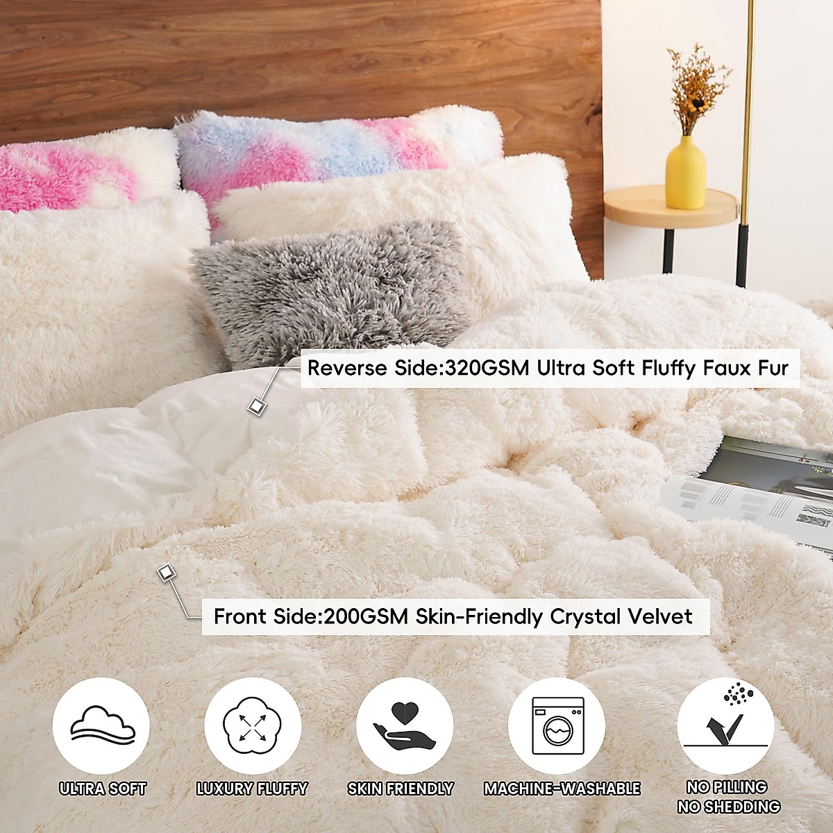 PHF Shaggy Fluffy Faux Fur Duvet Cover Set King Size,Luxury Warm Plush Comforter Cover for Winter Fall,3PCS Soft Lightweight Velvet Cozy Bedding Set with Furry Pillowcases,Aesthetic Room Decor,Cream