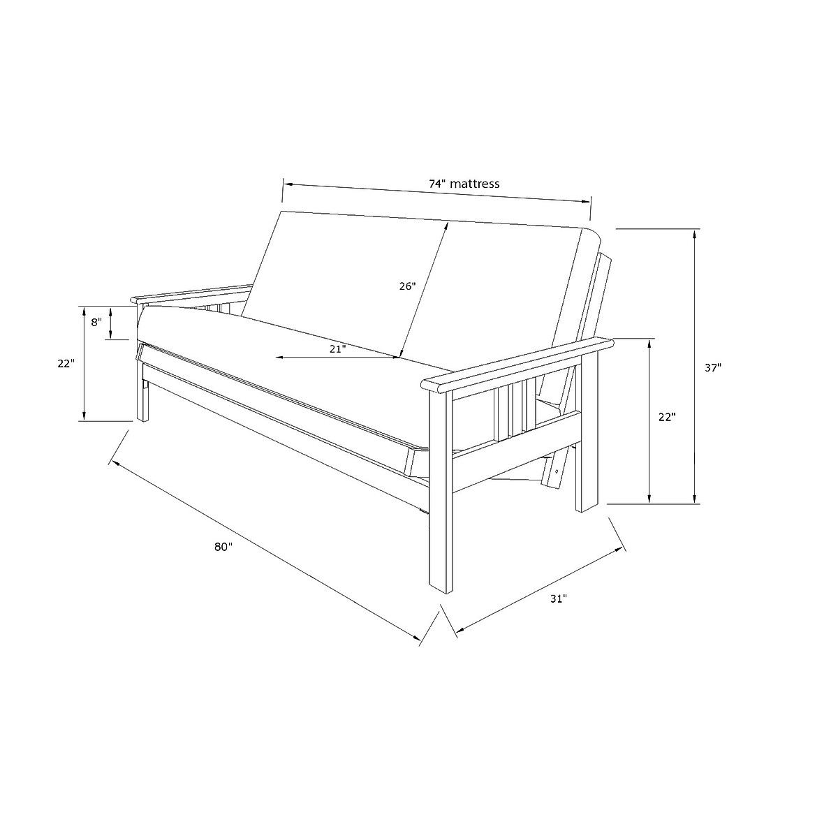 Kodiak Furniture Monterey Futon Set with Storage Drawers, with Barbados Base and Linen Charcoal Mattress