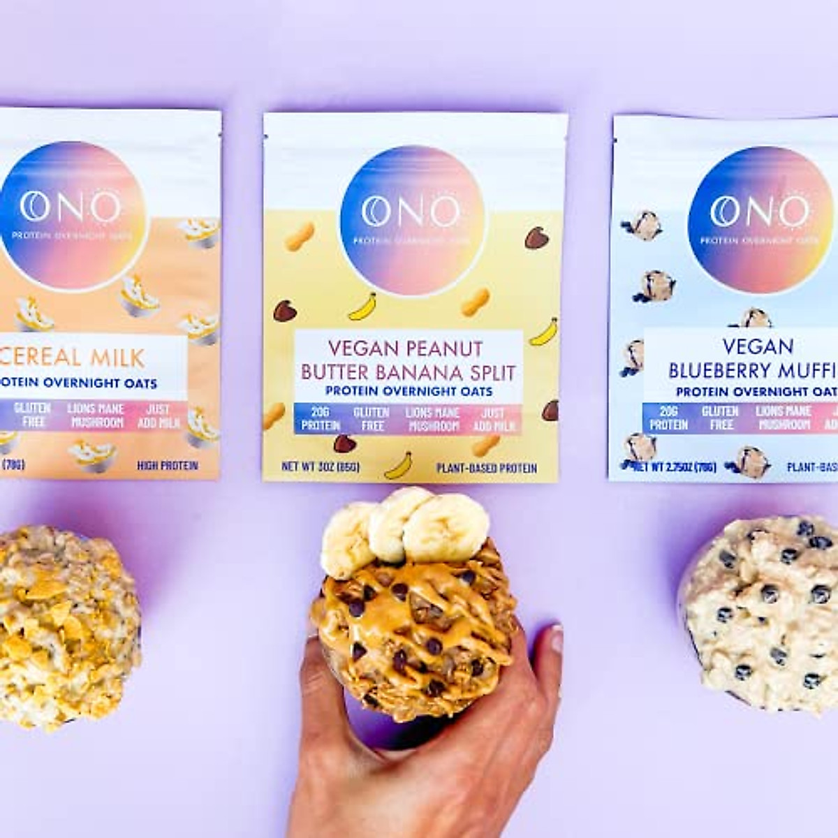 ONO Overnight Oats - All Flavor Variety Bundle (8 Pack) - 20g Protein Oatmeal, Overnight Oats, Gluten Free, and Low Sugar Oatmeal - Organic Gluten-Free Oats, 20g of Protein, Organic Chia Seeds & Flaxseeds, Lion's Mane Mushroom