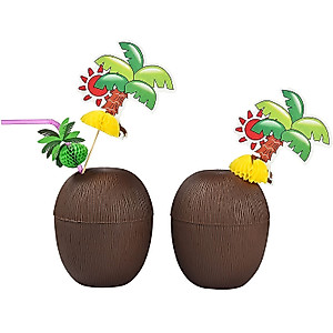 ALINK 50 Luau Umbrella Straws + 54-Pack Coconut Cups with Straws and Cocktail Picks