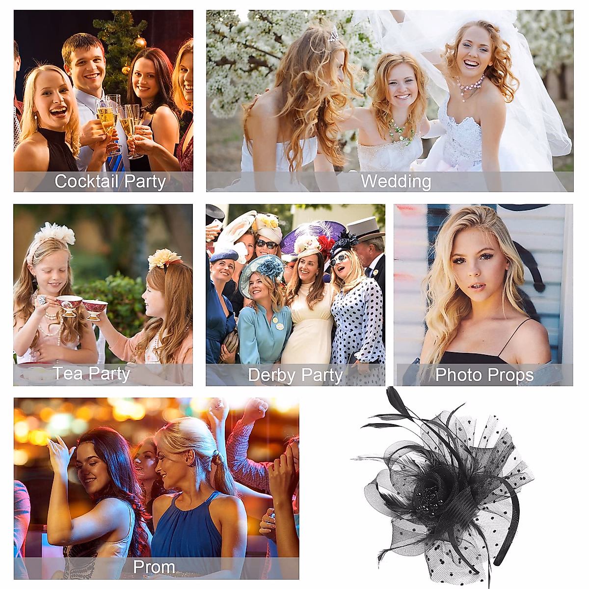 Myjoyday Women's Fascinators, Feathers Tea Party Hat, Veil Headband with Hair Clip for Cocktail Church (Black)