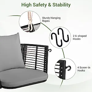 Tangkula Outdoor Metal Porch Swing, Single Person Hanging Seat w/Woven Rattan Backrest, 2 Sturdy Hanging Ropes, Seat & Back Cushions Included, Heavy-Duty Swing Chair for Front Porch, Backyard (Grey)