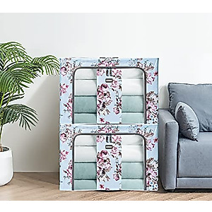 LitBear 2 Pack 100L Clothes Storage Bins Foldable Metal Frame Storage Box - Stackable Oxford Fabric Container Organizer Set with Carrying Handles and Clear Window(Blue floral)