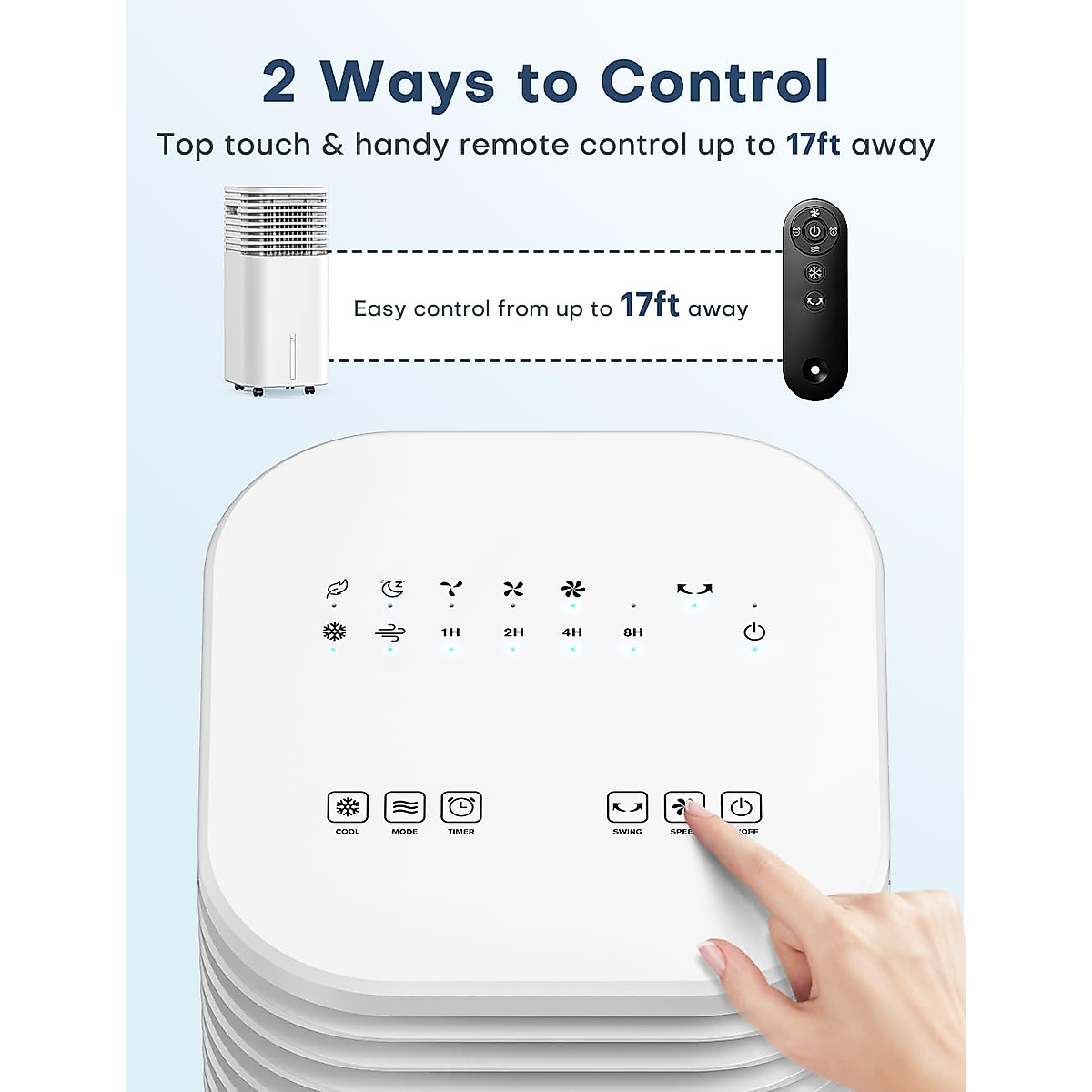 CENSTECH 4-IN-1 Portable Air Conditioners, Evaporative Air Cooler w/4 Modes & 3 Speeds, 15H Timer for Smart Auto-off, 2-Gal Tank for 20H Cooling,17FT Remote,No Hose Needed,120°Oscillating Swamp Cooler