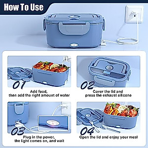 Adocfan Electric Lunch Box, 60W 3 in 1 Food Heater Car Use 12V/24V and Home Use 110V, Portable Lunch Heater, Removable Stainless Steel Container, Fork, Spoon and Carry Bag (Blue)