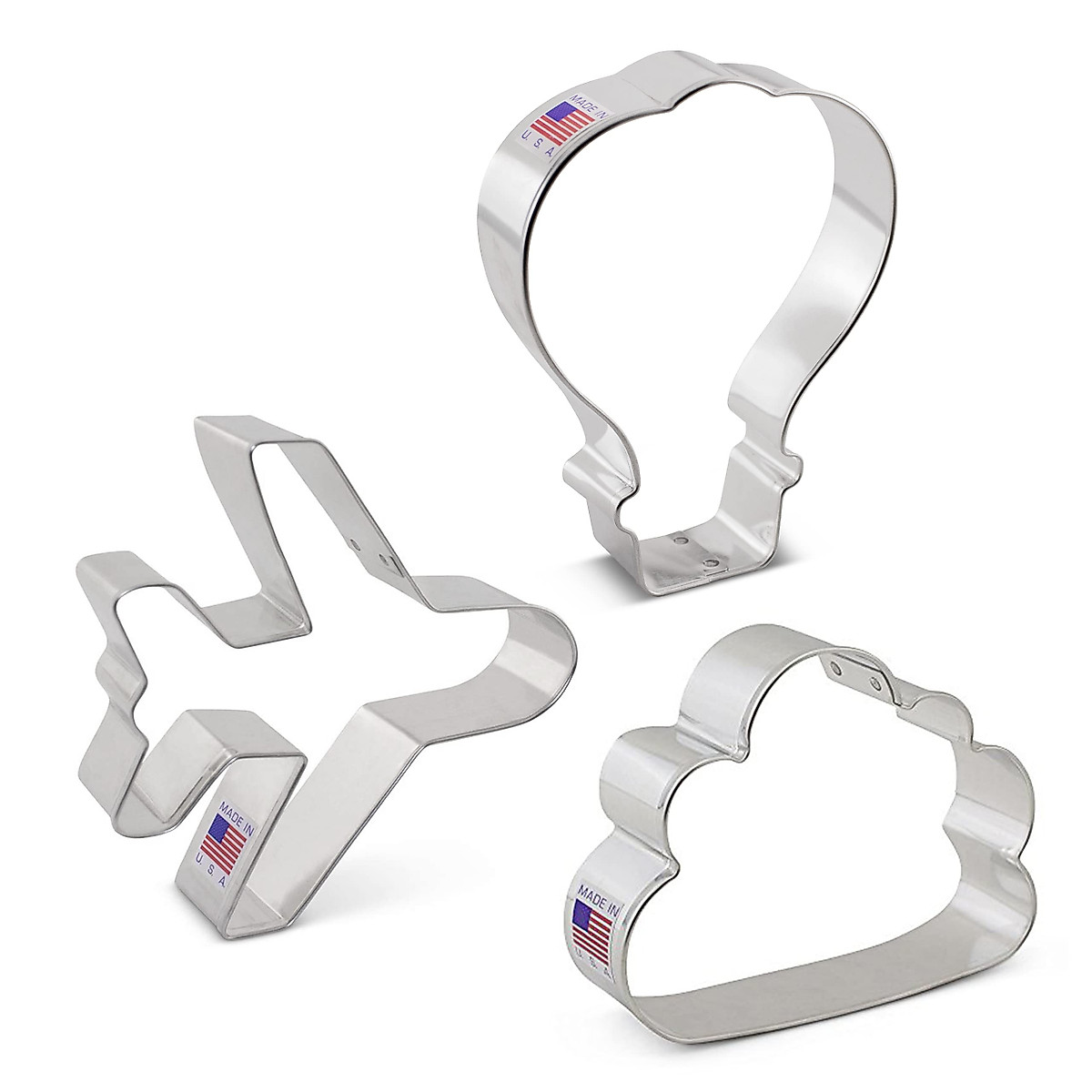 Air Travel Cookie Cutters 3-Pc. Set Made in USA by Ann Clark, Airplane, Cloud, Hot Air Balloon