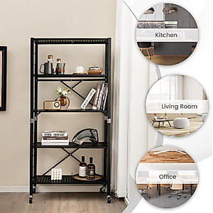 Giantex 5-Tier Folding Bookshelf with Wheels of 2, 60" Tall Foldable Black Metal Shelves for Storage, Freestanding Open Shelving Storage, Easy Assembly Bookcase Display Shelving Rack, Black