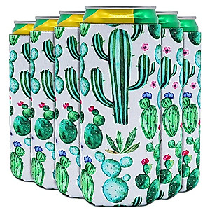 6 Pack Slim Can Coolers Skinny Can Sleeve 12oz Insulator Can Cooler Soft Neoprene Skinny Beer Coolies Cover Thick Tall Beverage Holder Bag for Energy Drink & Beer Cans, Cactus